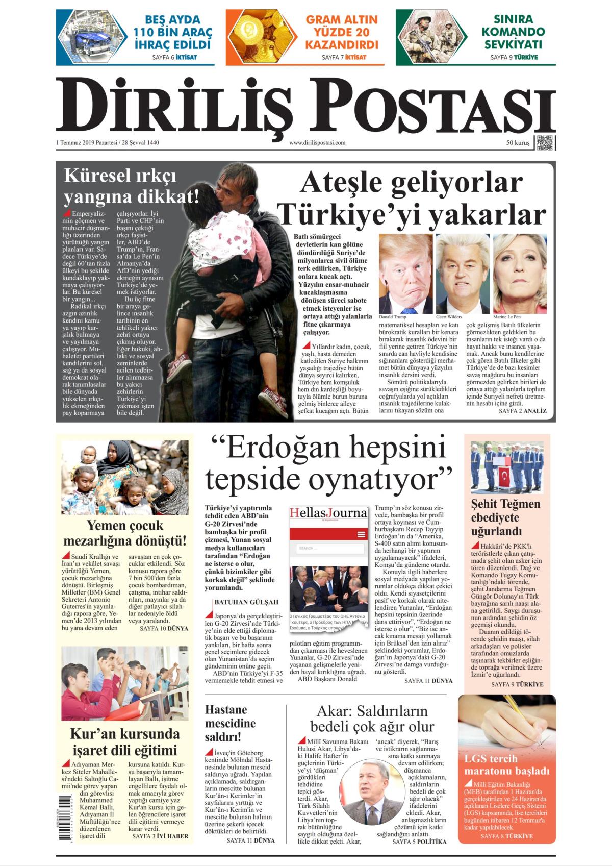 1 Temmuz 2019 Pazartesi tarihli Diriliş Postası gazetesi manşeti ...