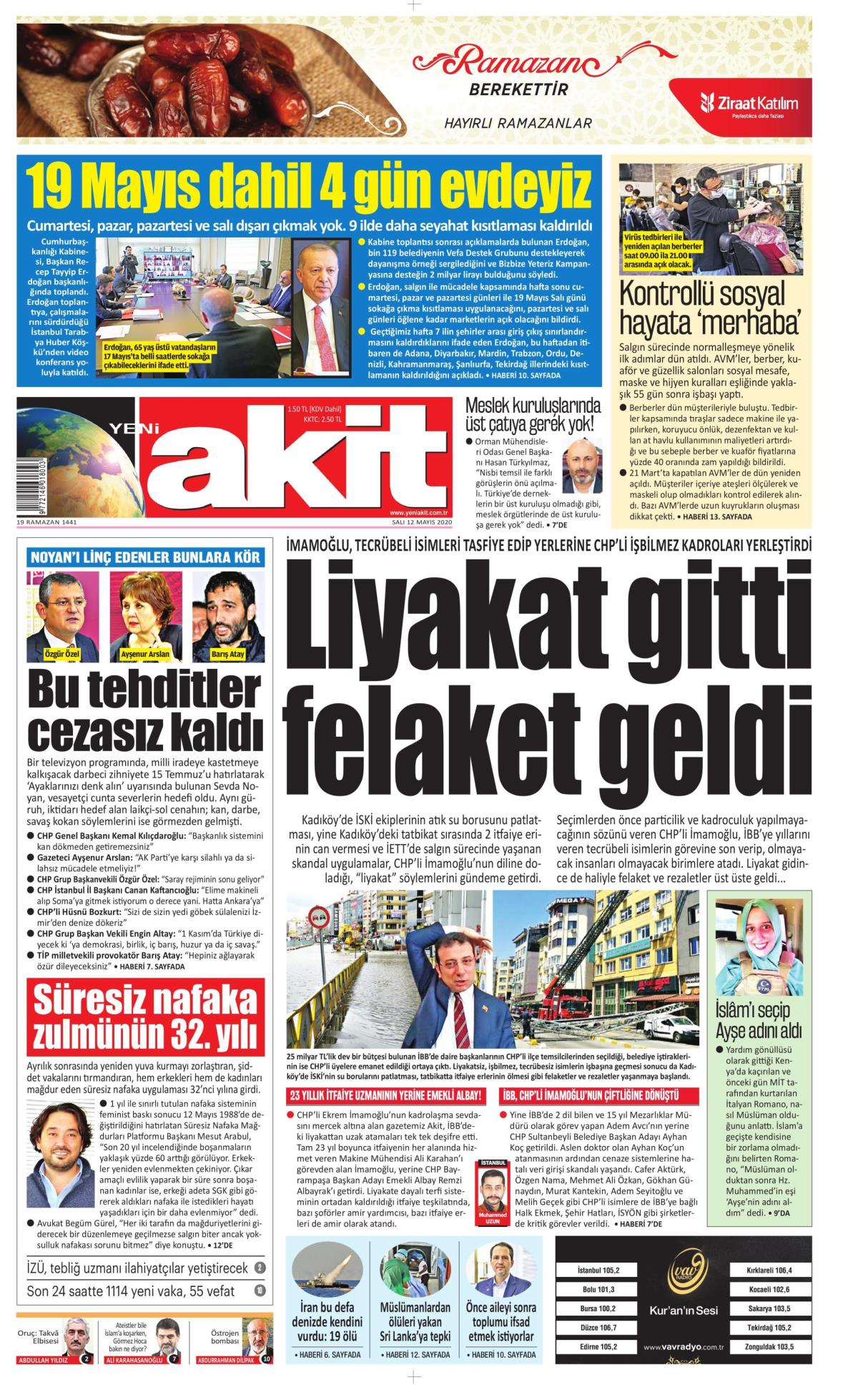 12 Mayıs 2020 Salı tarihli Yeni Akit gazetesi manşeti - Memurlar.Net