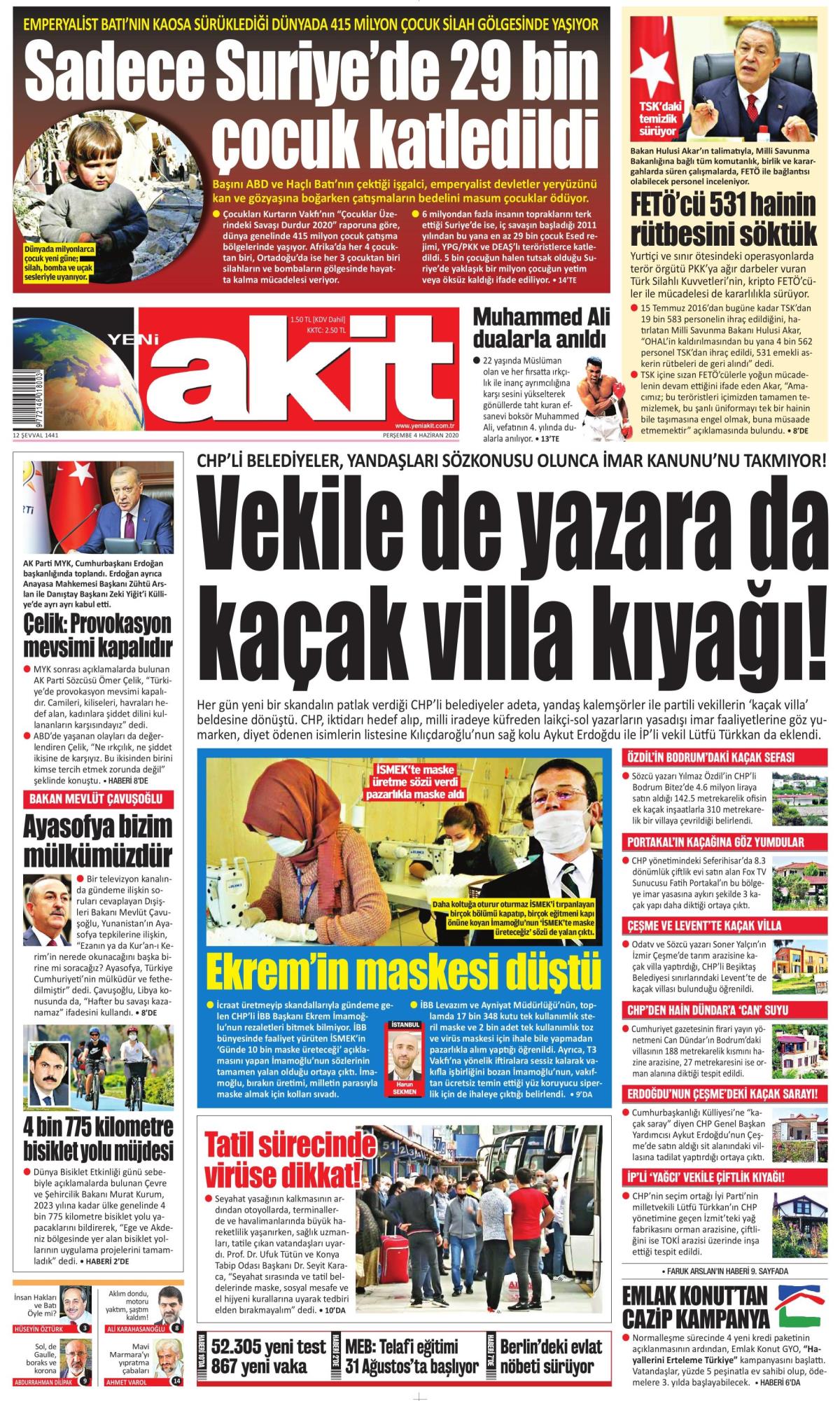 4 Haziran 2020 Perşembe tarihli Yeni Akit gazetesi manşeti - Memurlar.Net